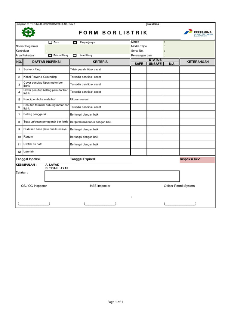 Form 003 Inspeksi Bor Listrik | PDF