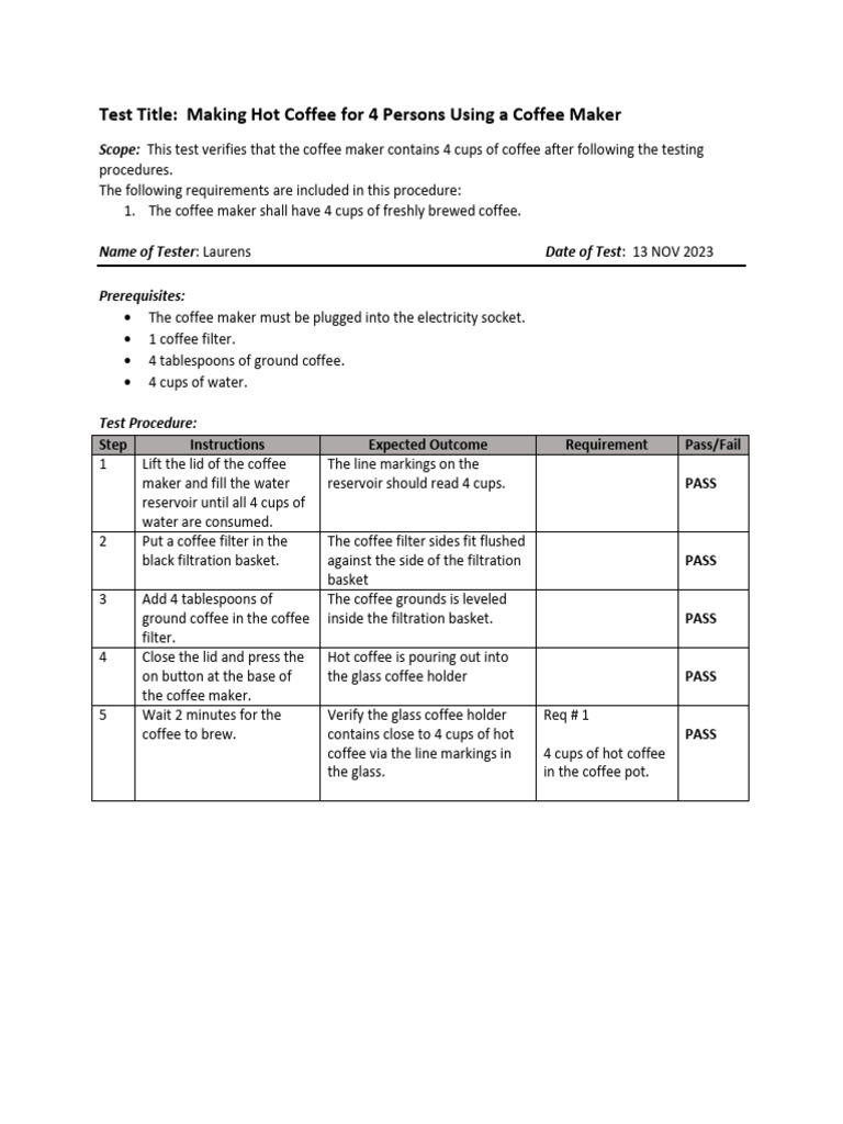 Coffee Maker Test Procedure 1 | PDF | Cooking, Food & Wine