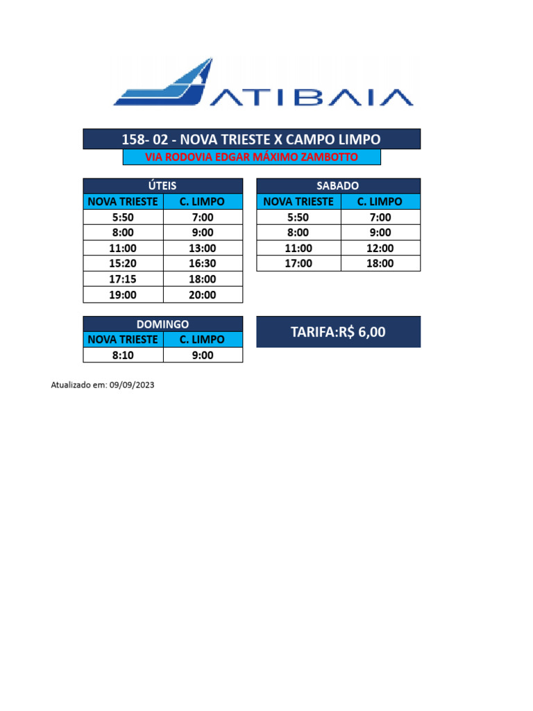 Tabelas para o Site - XLSX - 158 - Nova Trieste X Campo Limpo | PDF
