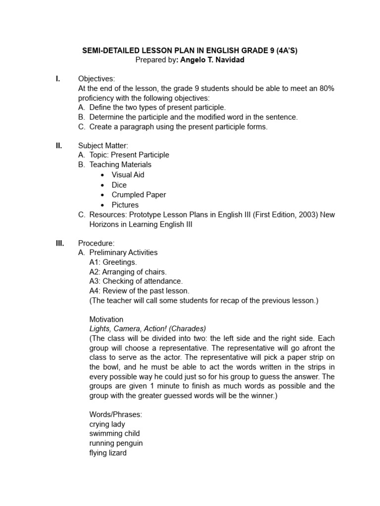 Semi-Detailed Lesson Plan 2 | PDF | Adjective | Verb