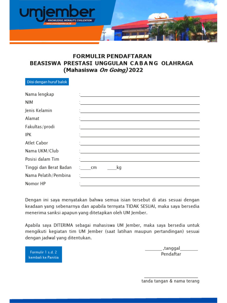 Formulir Pendaftaran Beasiswa Cabor Untuk Mahasiswa OG | PDF