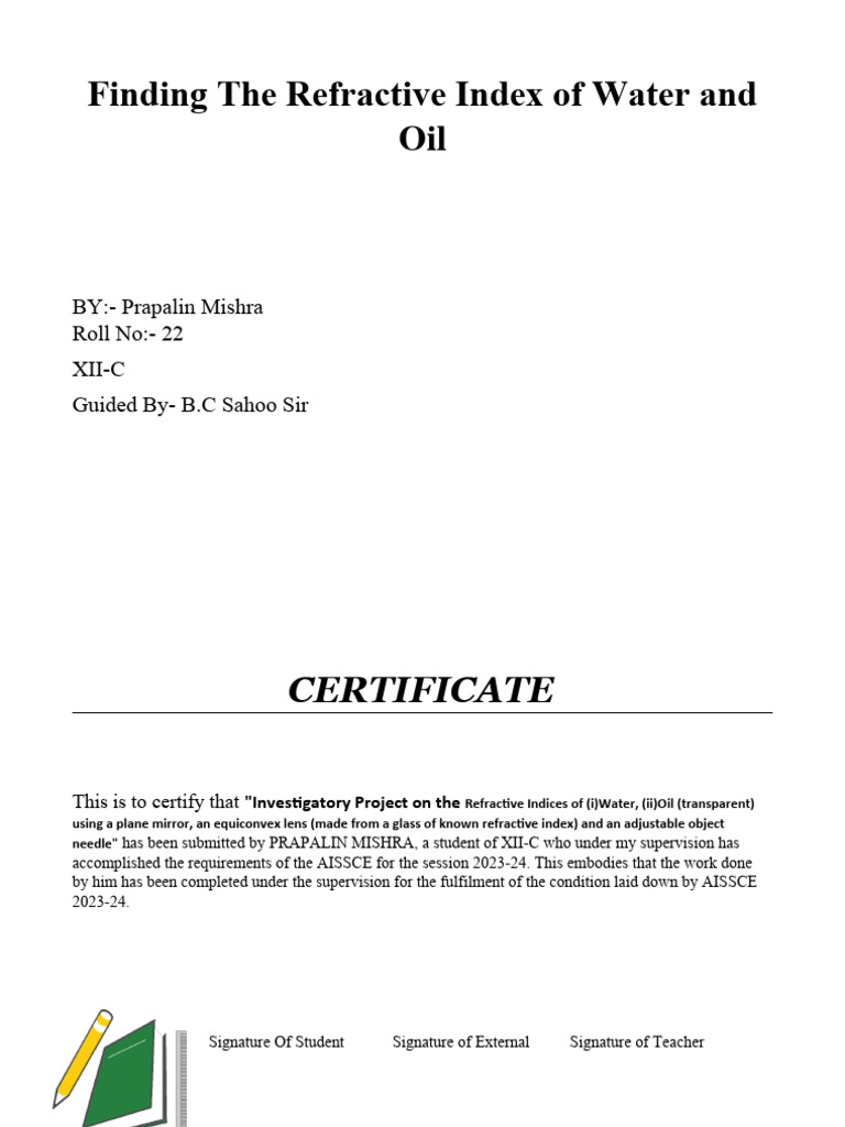 Finding The Refractive Index of Water and Oil | PDF | Refractive Index ...