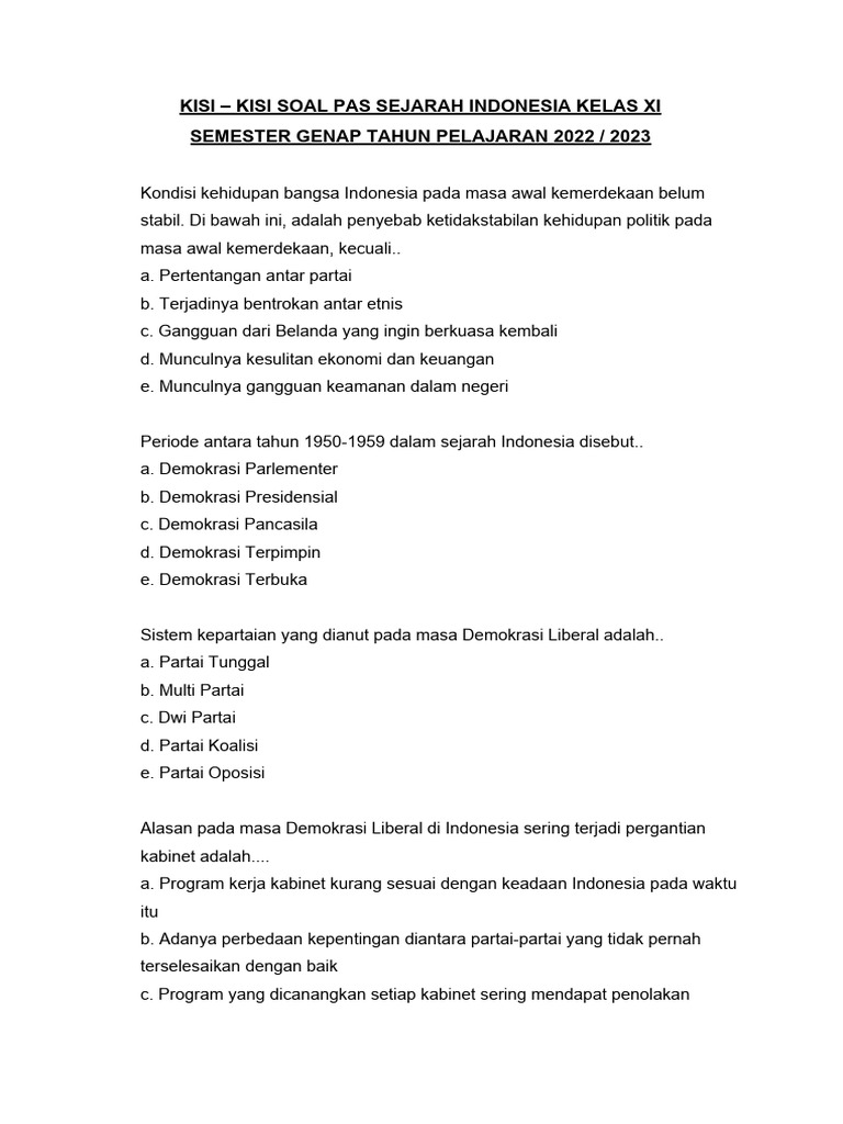 Kisi - Kisi Pas Genap Sejarah Indonesia Kelas Xi 2022-2023 | PDF | Ilmu Sosial