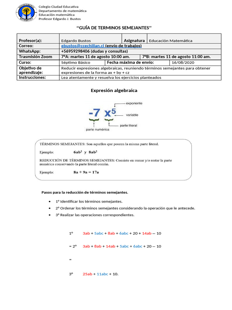 7° Básico Matemática Guía de Terminos Semejantes 16 08 20 | Descargar ...