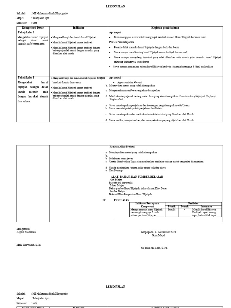 LESSON PLAN Tahaji Dan Iqro Kelas 1dan 2 | PDF