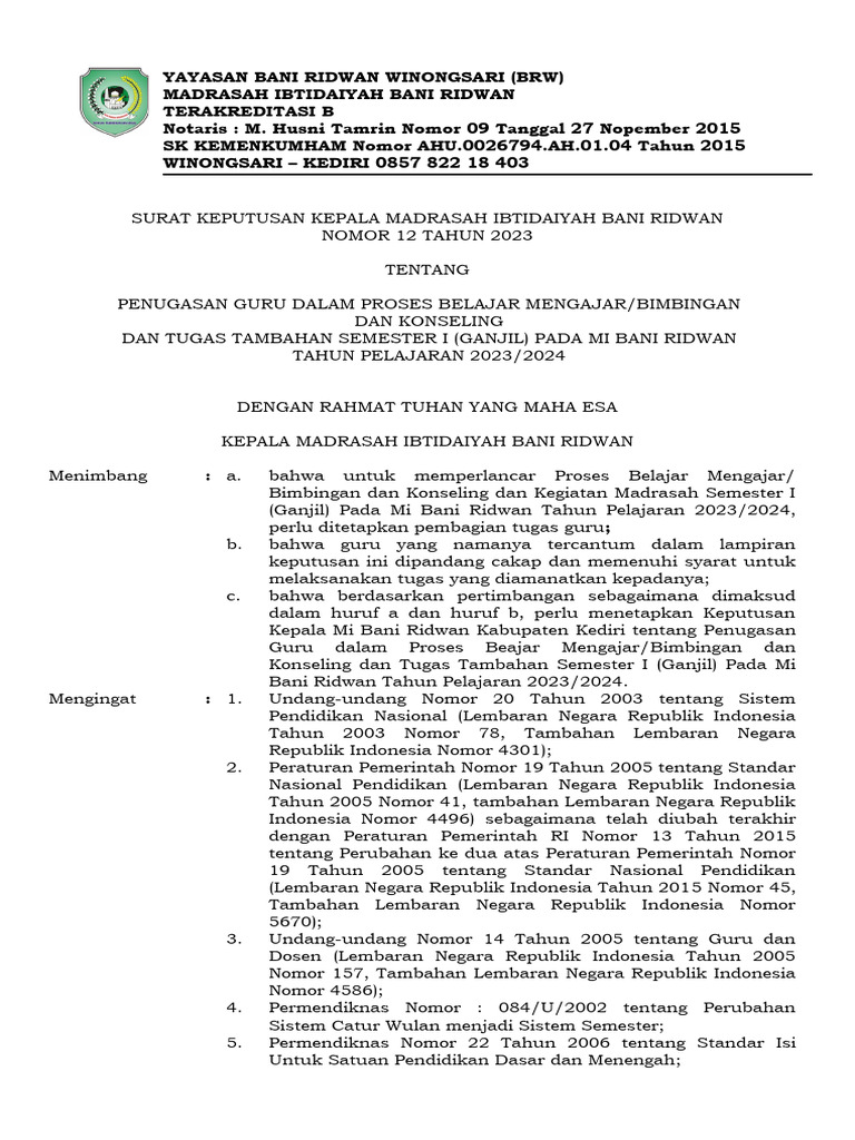 A.6 Konsider SK Penugasan Guru 2016 - 2017 Ganjil | PDF