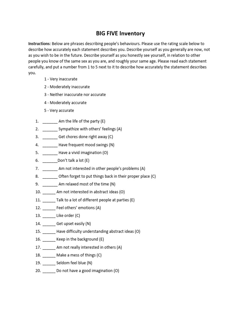 5 Assessment Big Five Inventory Pdf Extraversion And