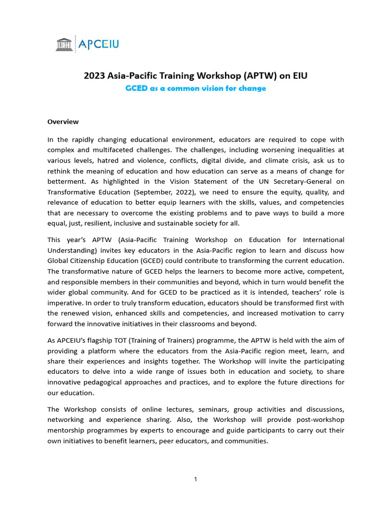 (UNESCO APCEIU) 2023 APTW Concept Note | PDF | Pedagogy | Mentorship