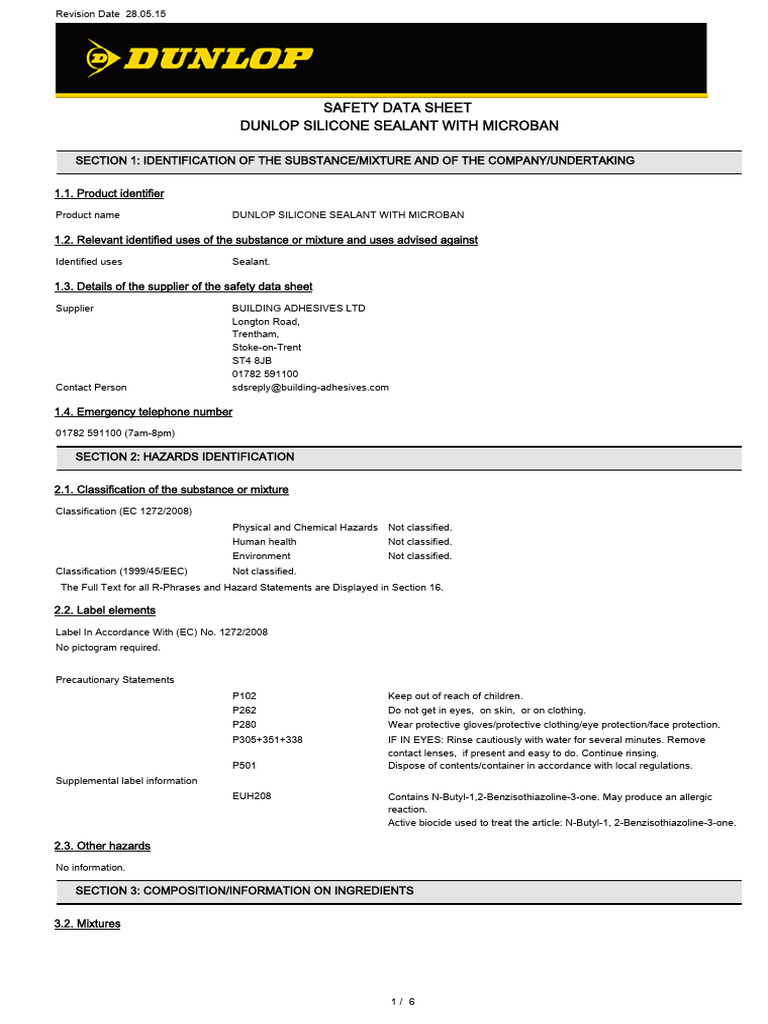 Dunlop Sealant Datasheet | Download Free PDF | Labor Relations | Safety