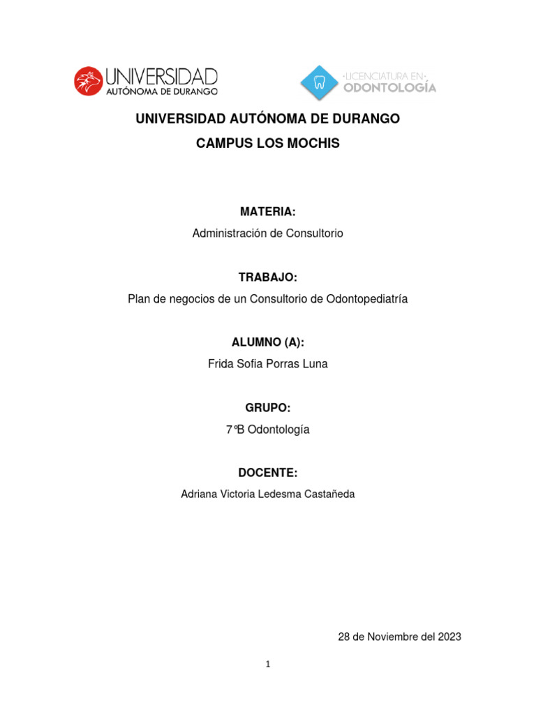 Plan de Negocios de Consultorio Dental Frida Sofia Porras 7B | PDF ...