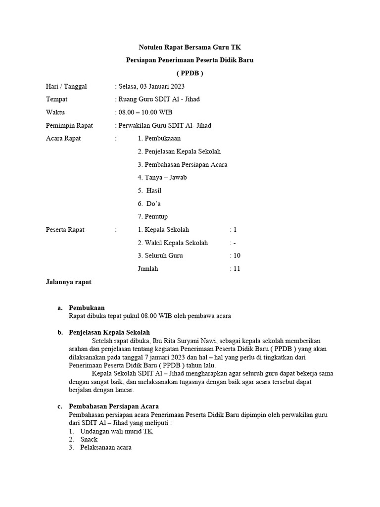 Notulen Rapat Bersama Guru TK | PDF