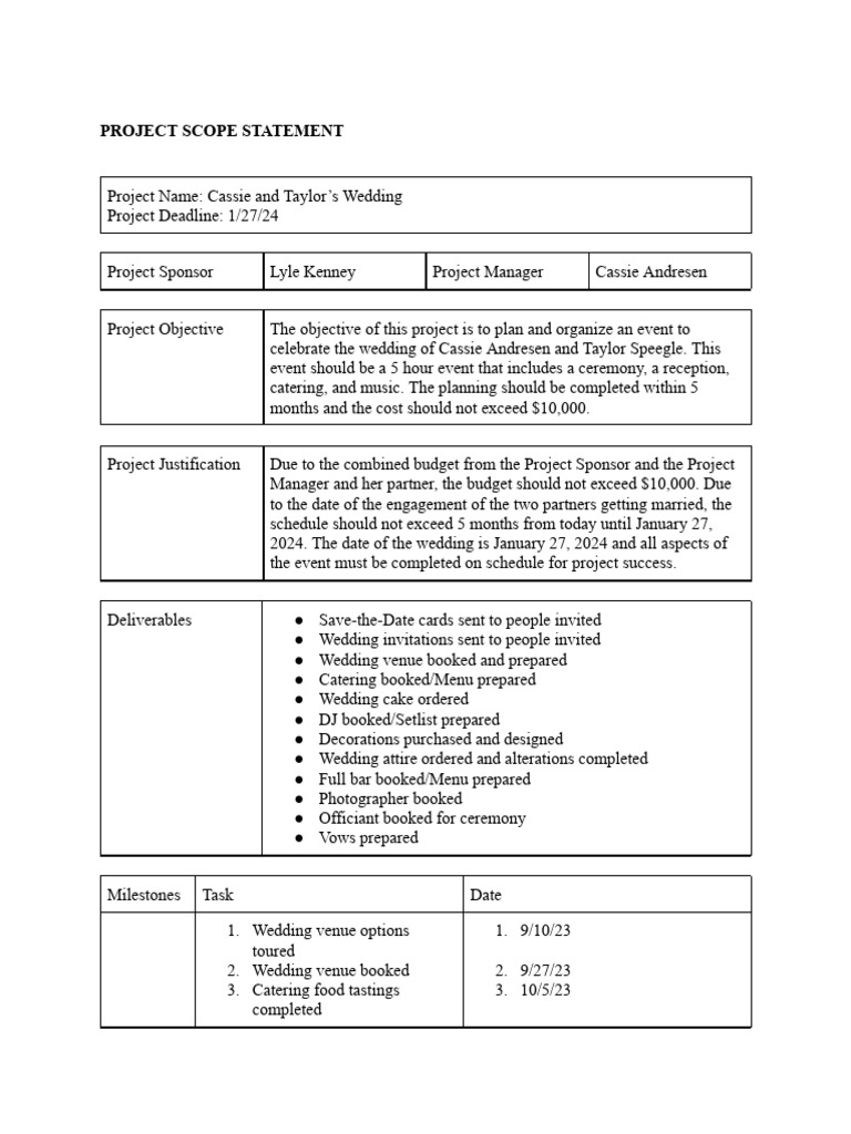 Project Scope Statement - Cassie Andresen | PDF | Wedding