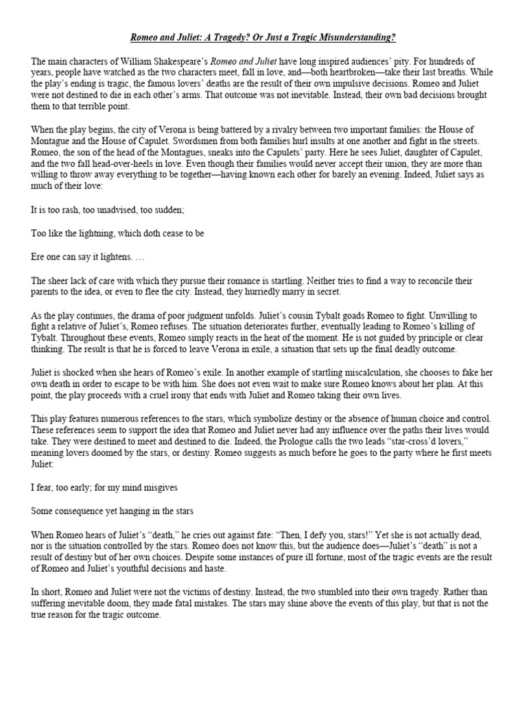 Romeo and Juliet - A Tragedy or A Tragic Misunderstanding | PDF ...