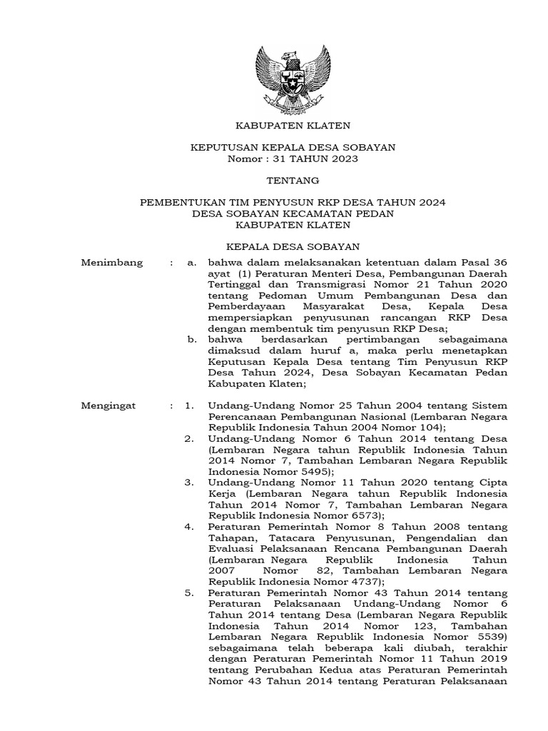 SK Tim Penyusun Rkpdes | PDF