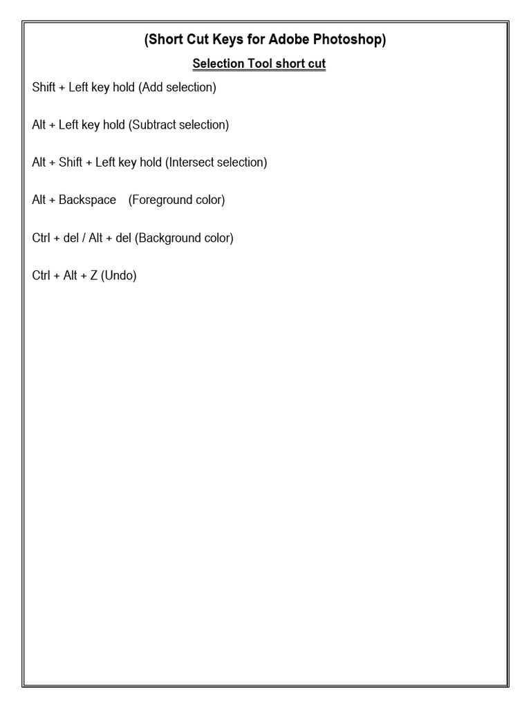 Short Cut Keys For Adobe Photoshop | PDF
