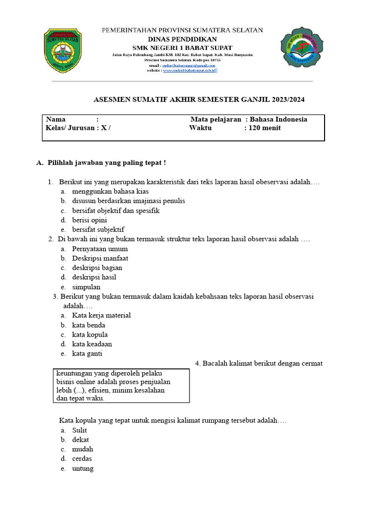 Soal Sumatif Akhir Semester Ganjil 2023-2024 | PDF