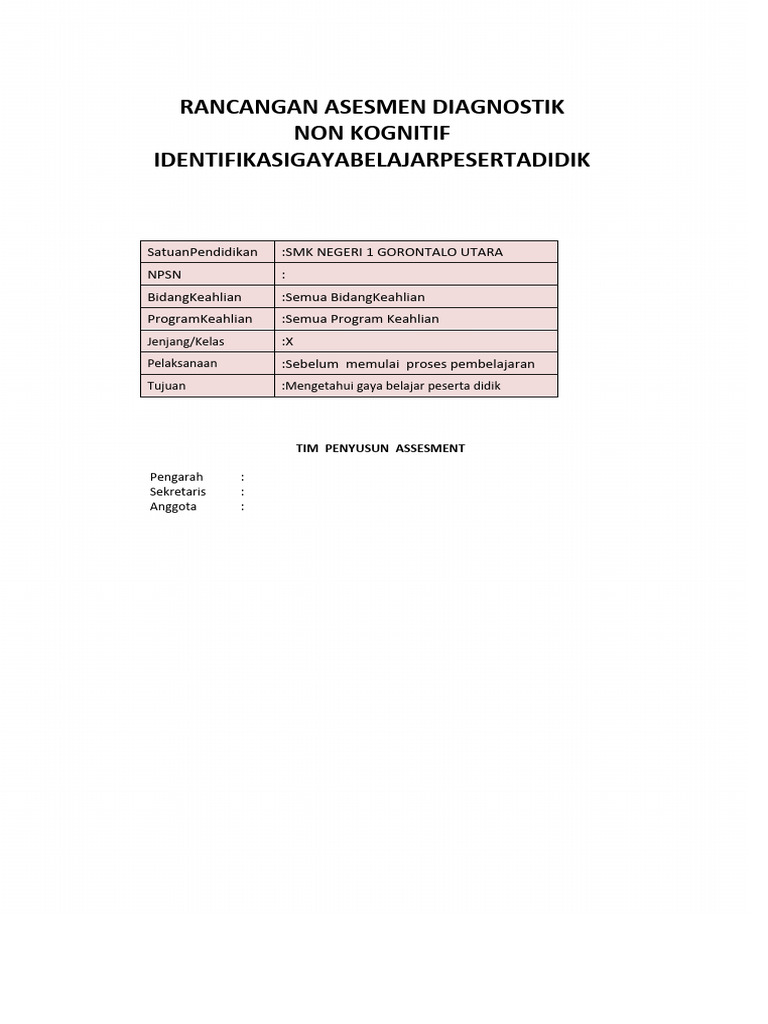 10 Rancangan Asesmen Diagnostik Non Kognitif Identifikasi Gaya Belajar Peserta Didik | PDF