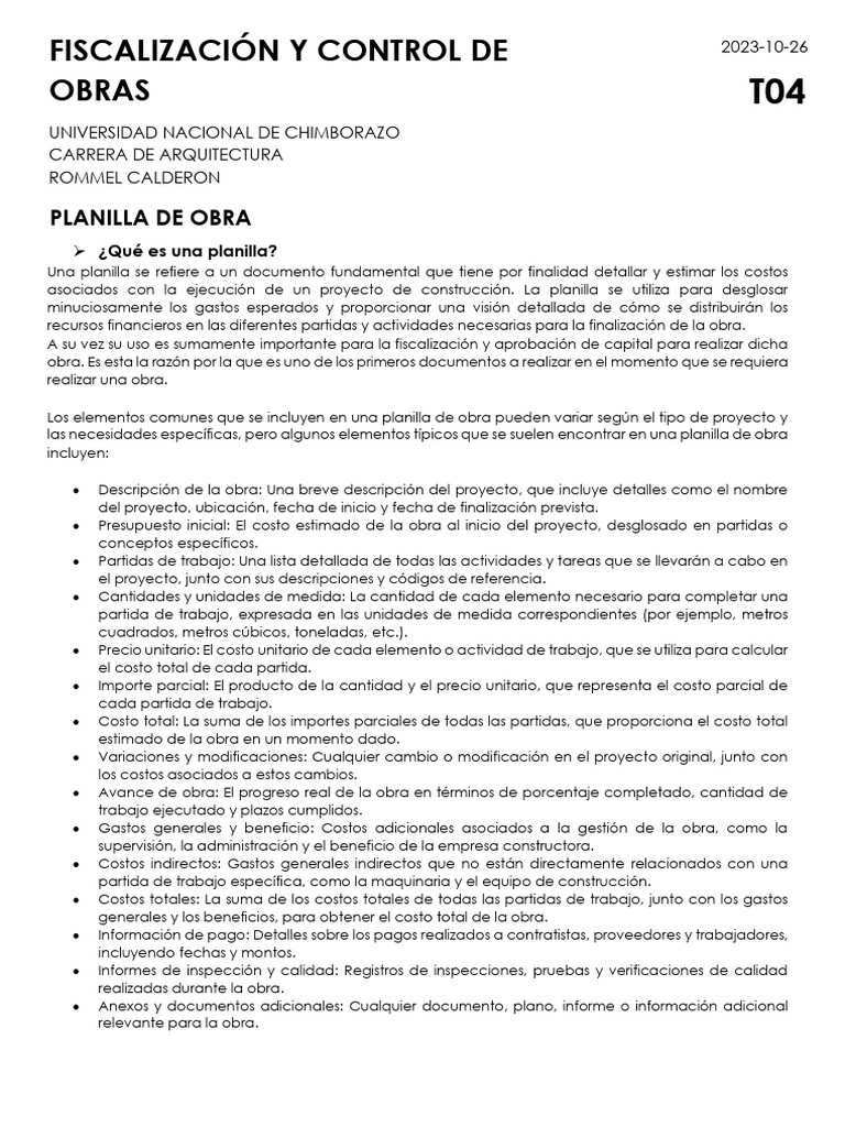 T04 Planilla de Obra | PDF | Presupuesto