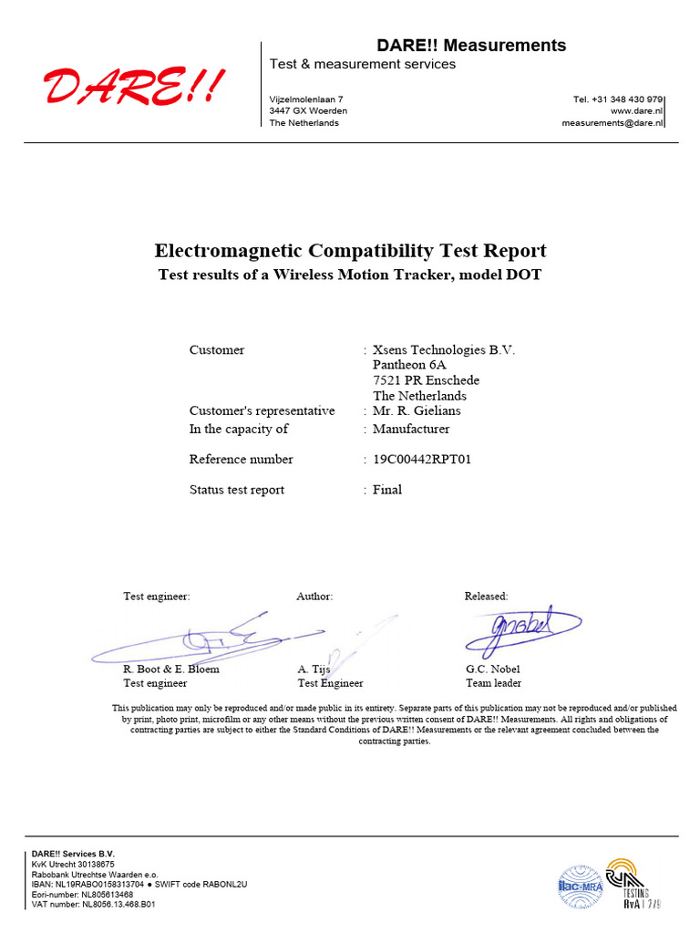 Xsens DOT CE Test Reports | PDF | Battery Charger | Electromagnetic ...