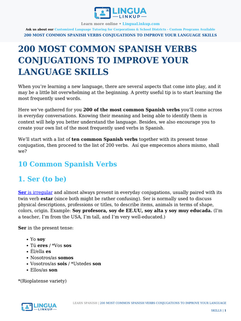 200 Common Spanish Verbs Conjugations | PDF | Linguistics | Language ...
