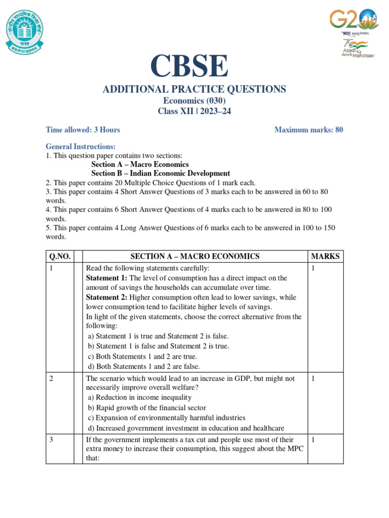 ECO-12 CBSE Additional Practice Questions 2023-24 | PDF | Reserve Bank ...