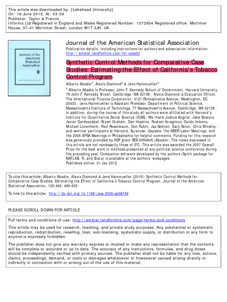 Abadie Et Al. (2009), Synthetic Control Methods For Comparative Case ...
