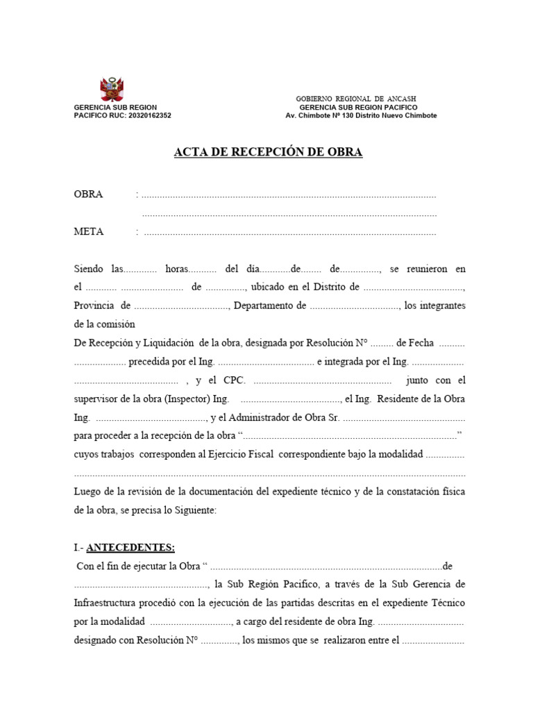 Acta de Recepcion de Obra | PDF