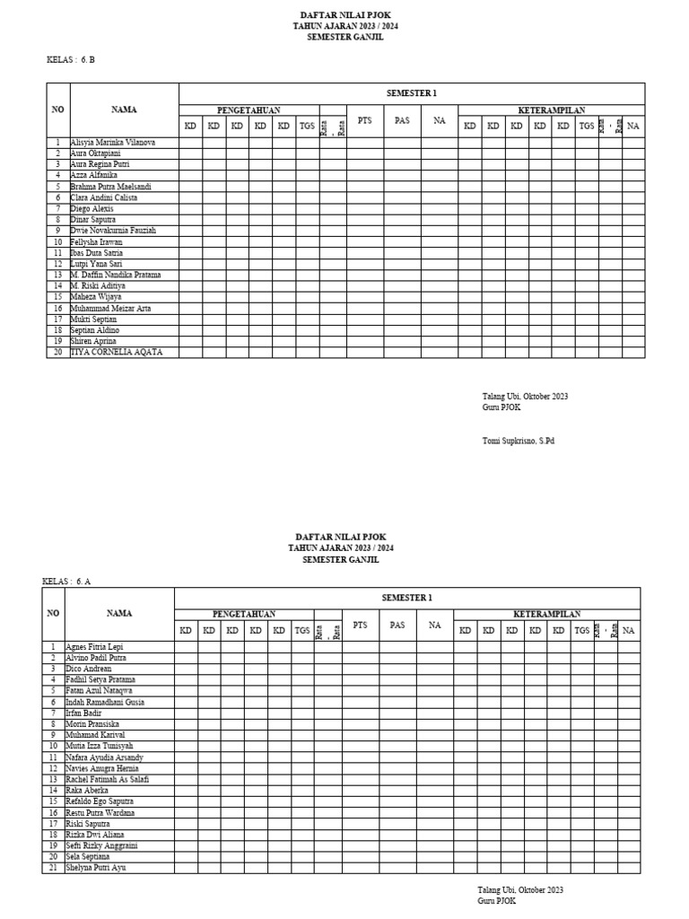 Format Penilaian Pjok | PDF