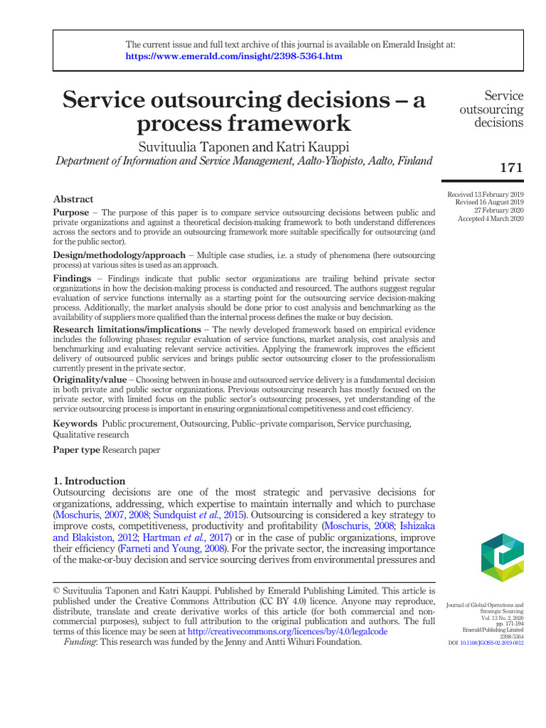 2020 Service Outsourcing Decisions A Process Framework Pdf Outsourcing Supply Chain