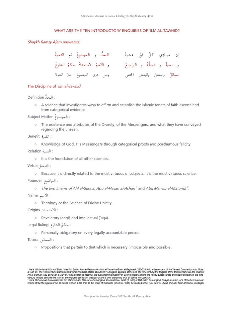 What Are The Ten Introductory Enquiries of 'Ilm Al-Tawhid? Answered by Ramzy Ajem | PDF | Sunni ...