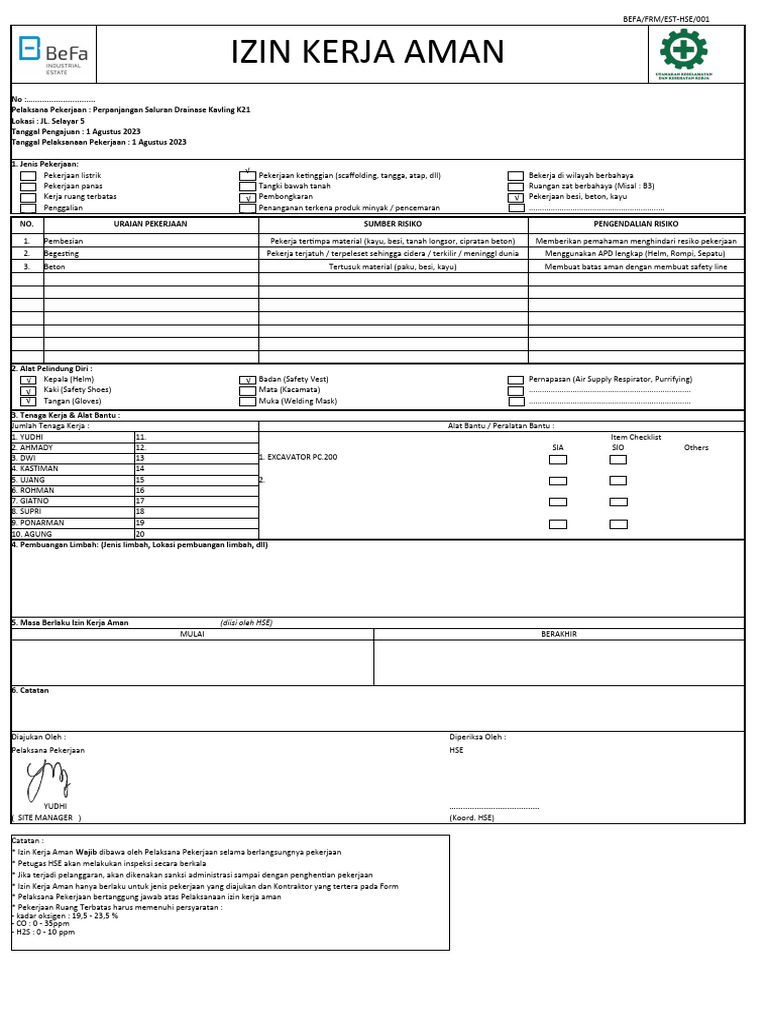 01 Form Izin Kerja Aman Rev. 00 (DRAINSAE K21) | PDF