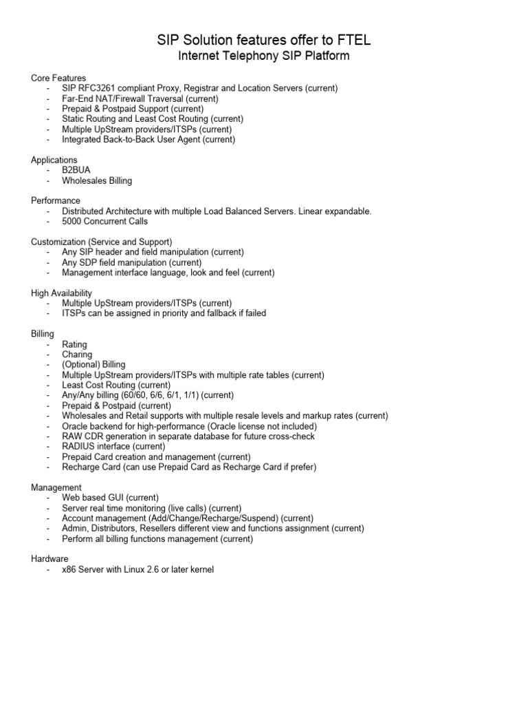 FTEL - SIP GW Solution Features Offer V1 | PDF | Session Initiation Protocol | Internet