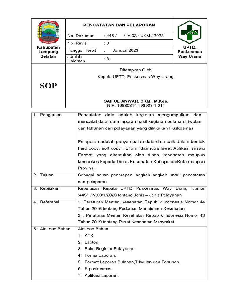 ADM - 001 - SOP Pencatatan Dan Plaporan' | PDF