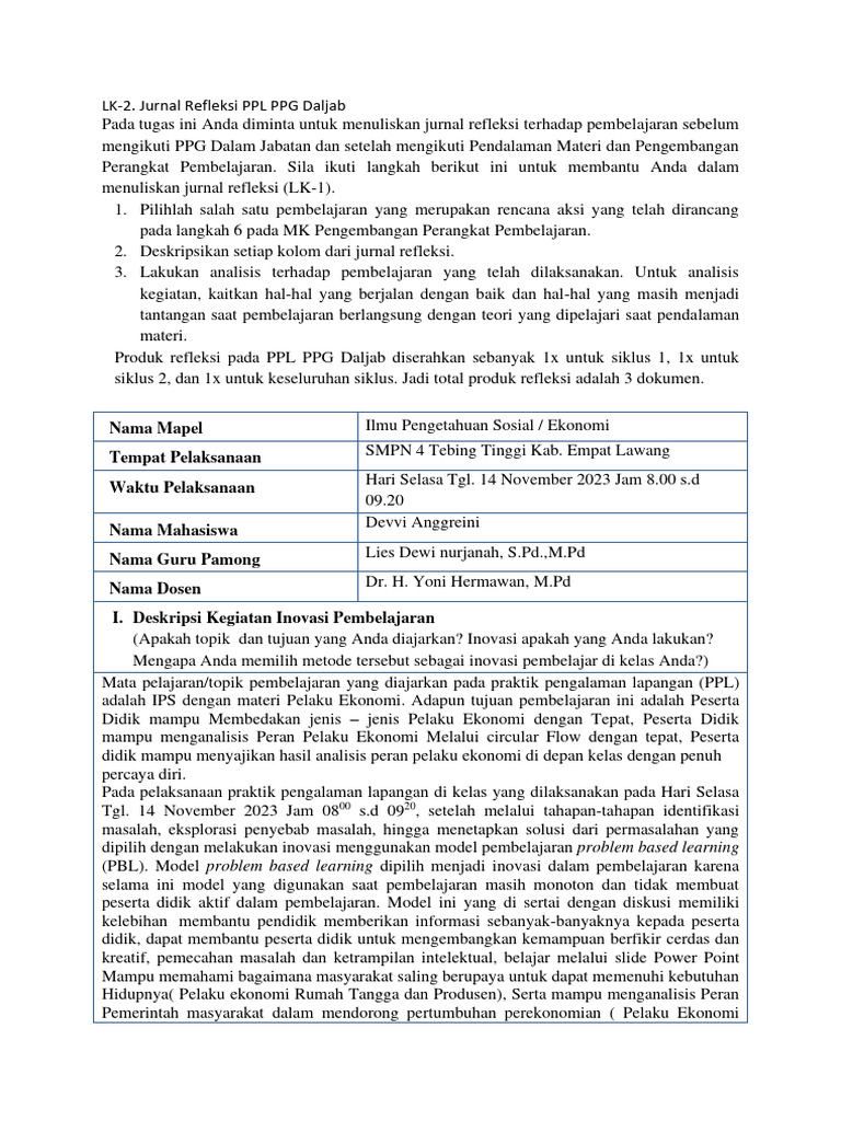 LK 2. Jurnal Refleksi PPL PPG Daljab Siklus 2 | PDF
