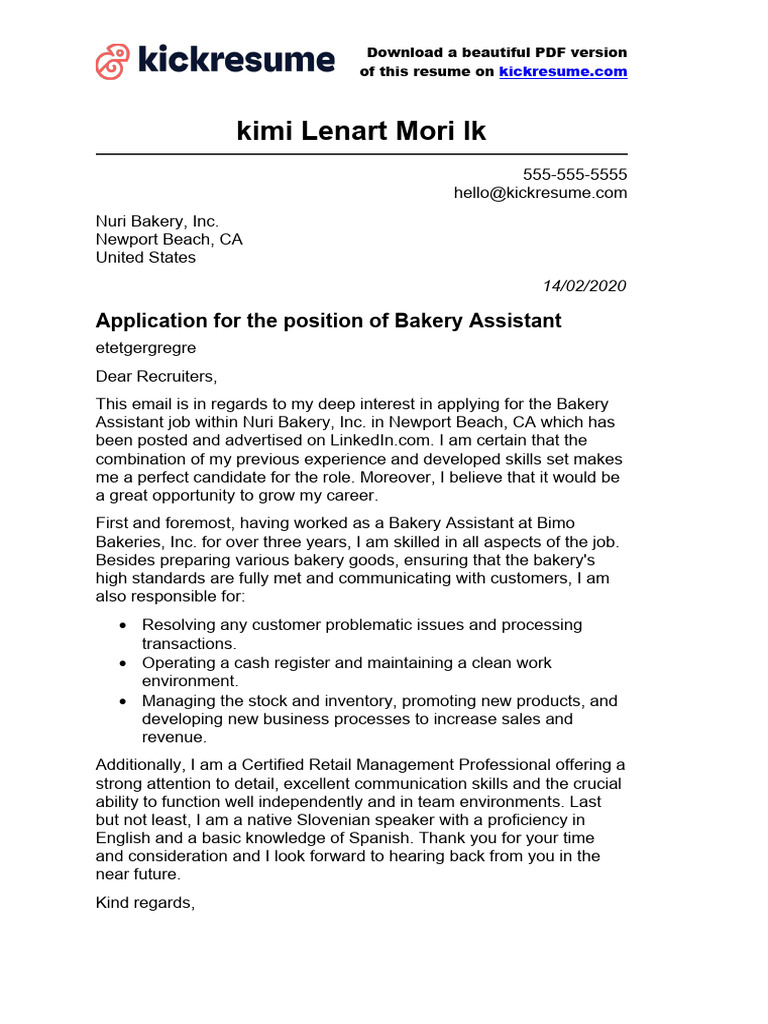 Bakery Assistant Cover Letter Sample | PDF