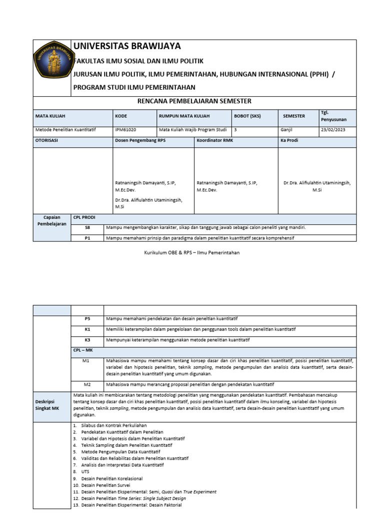 RPS Kurikulum OBE - Metode Kuantitatif | PDF RPS Kurikulum OBE - Metode Kuantitatif | PDF
