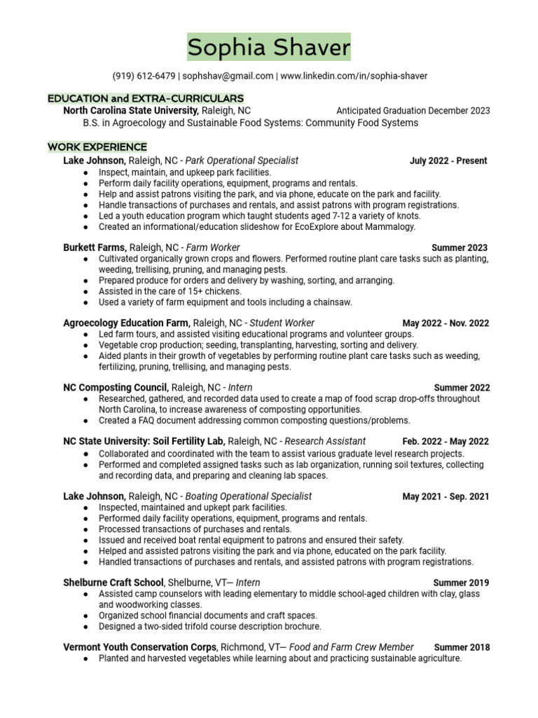Sophia Shavers CV | PDF | Agriculture | Compost
