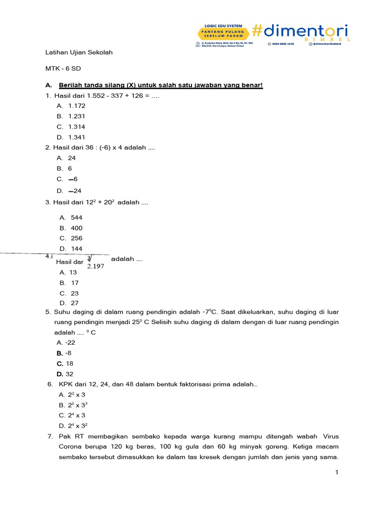 Soal MTK 6 SD - Us | PDF