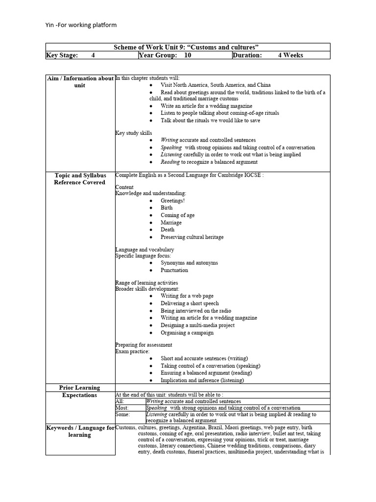 Rough Year 11scheme of Work Unit 9 | PDF | English Language | Conversation