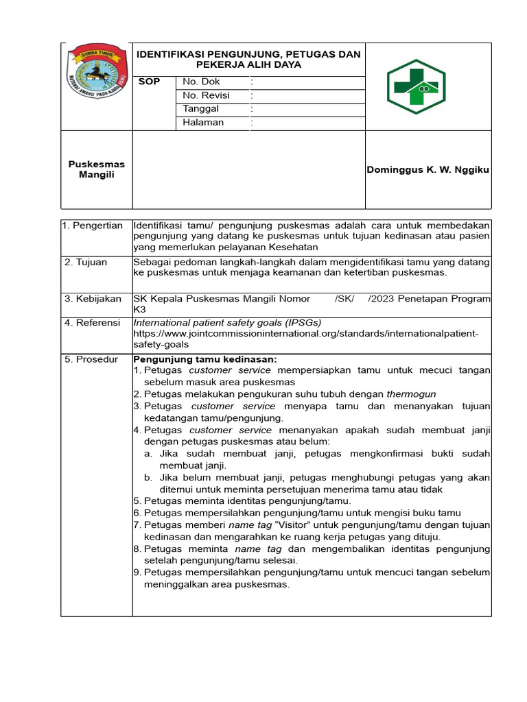 SOP Identifikasi Pengunjung Puskesmas | PDF