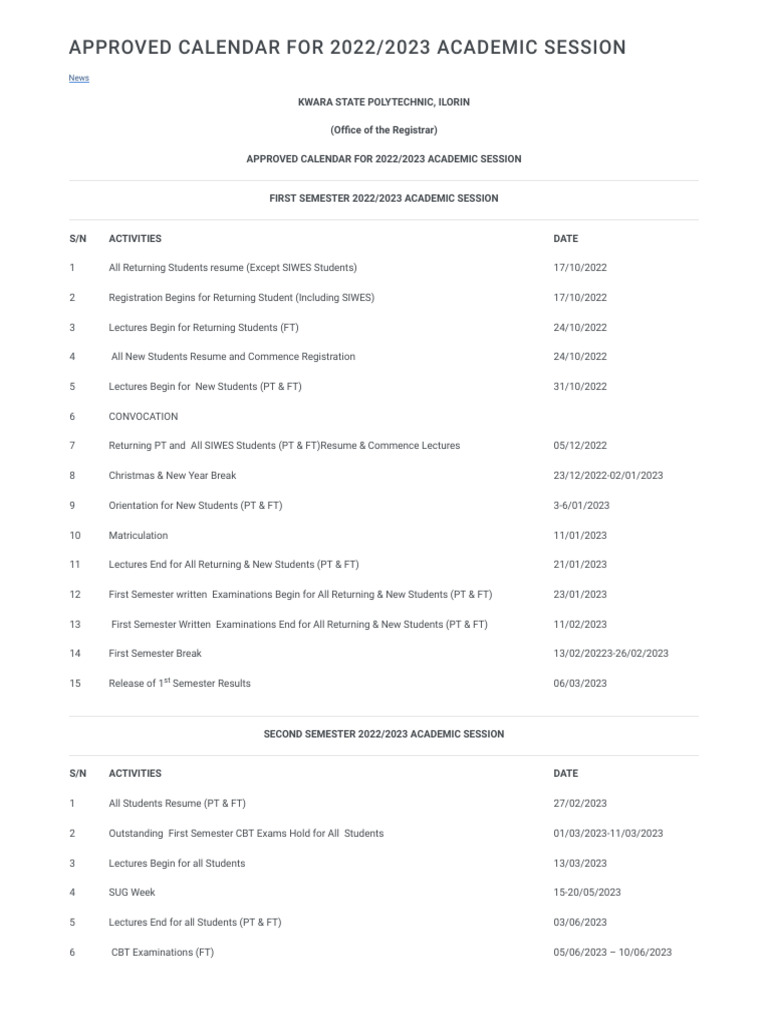 Approved Calendar For 2022 - 2023 Academic Session | PDF | Academic ...