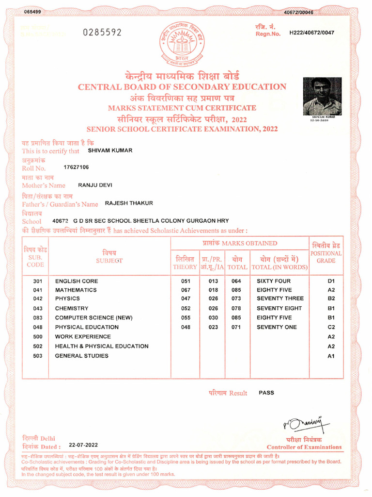 Marks Sheet. 12 | PDF