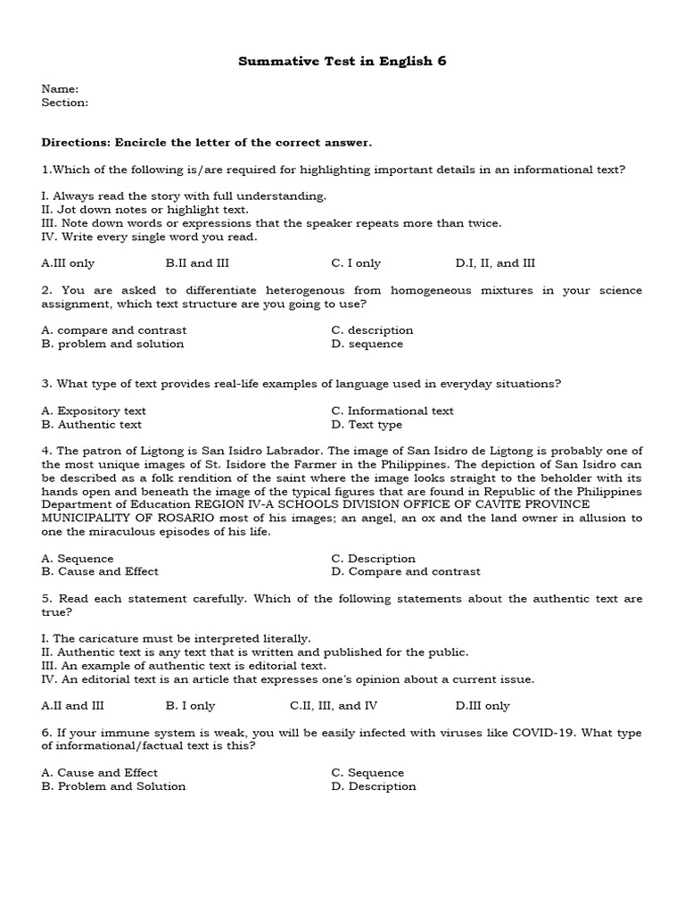 Summative Test in English 6 | PDF | Recycling