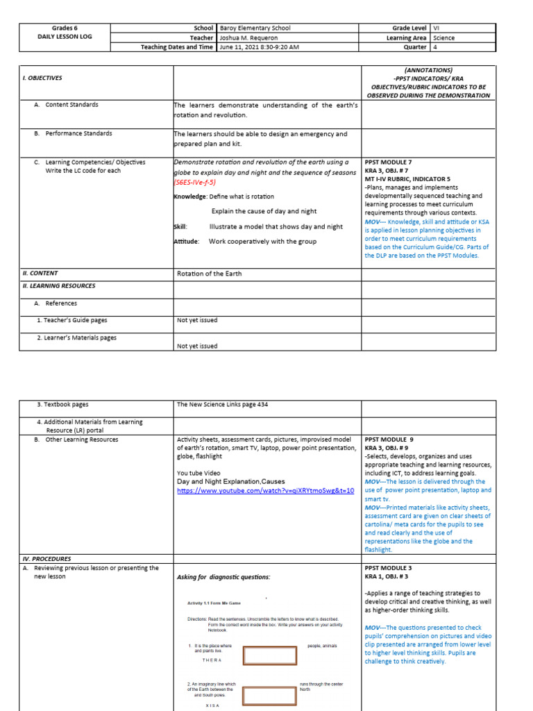 Cot DLP Science 6 Earth's Rotation | PDF | Educational Assessment | Reading Comprehension