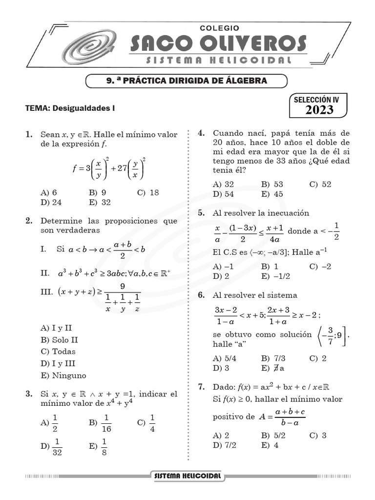 9° PD Álgebra Selección 4 | PDF | Matemáticas