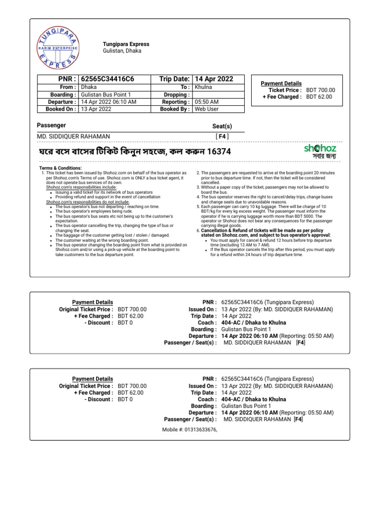 Tungipara Express Ticket Details | PDF | Bus | Annual Percentage Rate