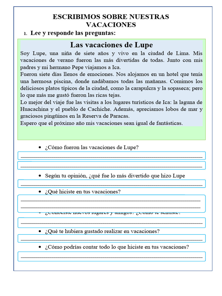 Miercoles B - Ficha - Escribimos Sobre Nuestras Vacaciones | PDF ...