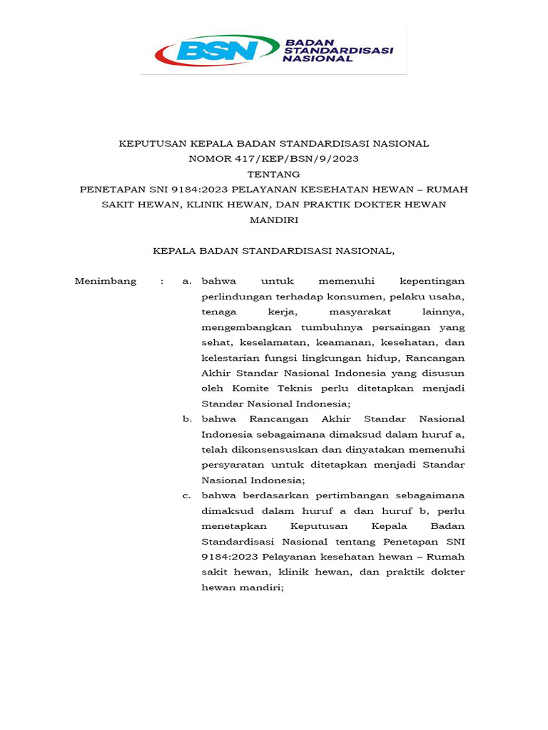 SNI 9184 2023 Pelayanan Kesehatan Hewan RSH, KH, PDHM | PDF