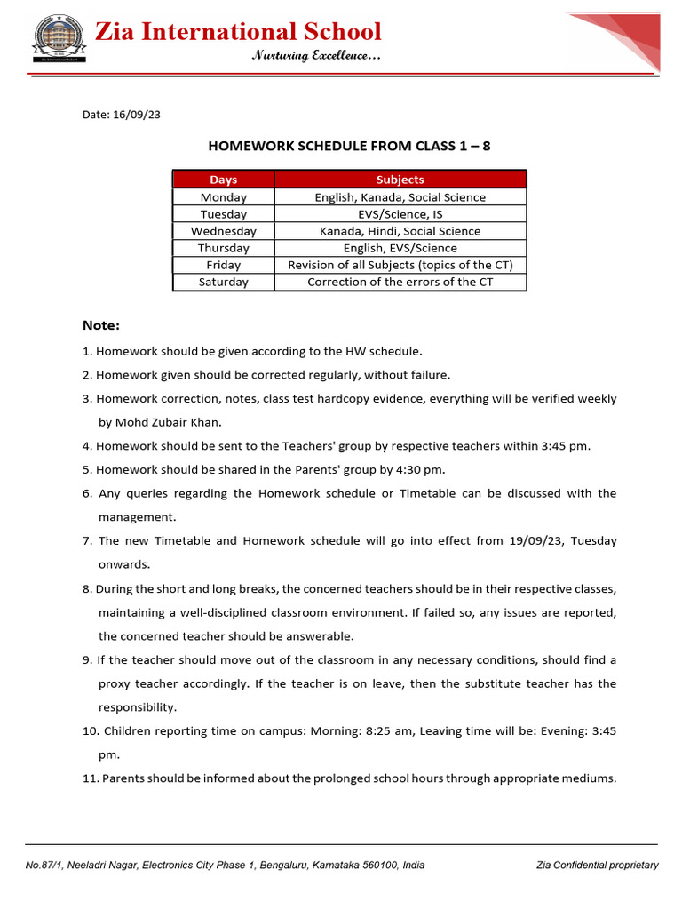Homework Schedule From Class 1 - 8: Days Subjects | PDF | Wellness
