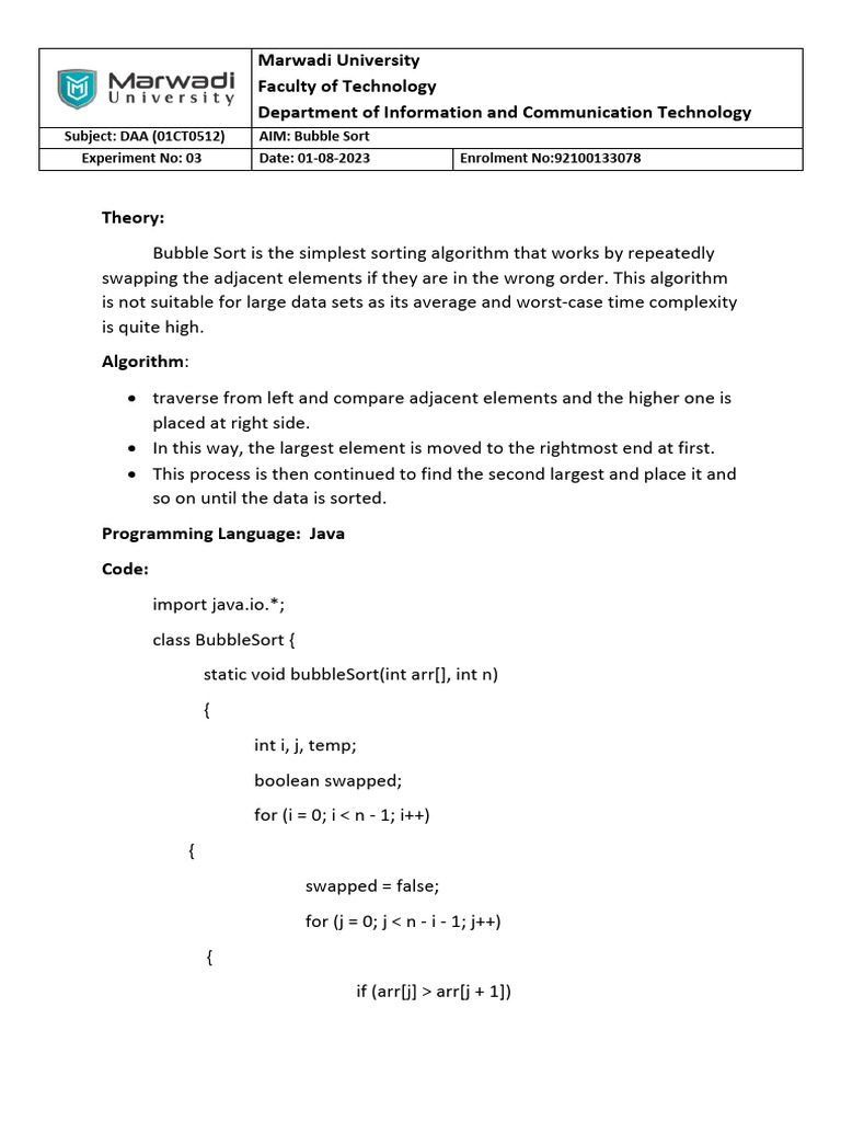 Lab03 Daa Bubblesort Pdf Computer Science Algorithms